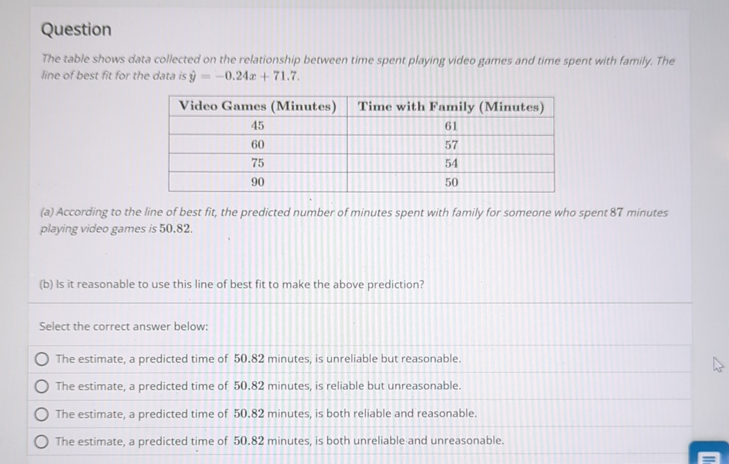 Solved QuestionThe table shows data collected on the | Chegg.com