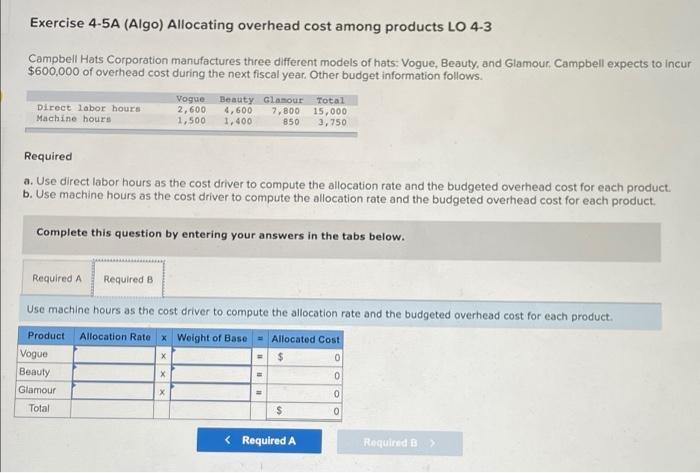 Solved Exercise 4-5A (Algo) Allocating overhead cost among | Chegg.com