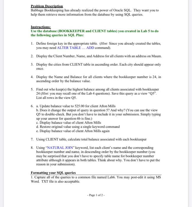 Solved Problem Description Babbage Bookkeeping has already | Chegg.com