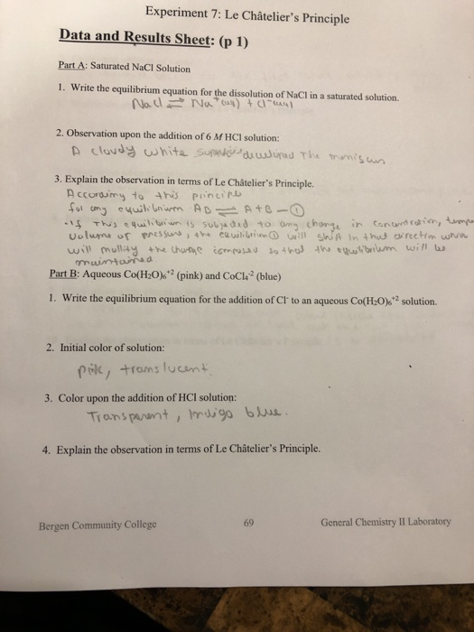 Solved Experiment 7: Le Châtelier's Principle Data and | Chegg.com