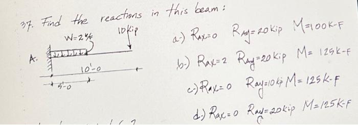Solved this beam: a) RAx=0RAy =20kipM=100k−F b.) | Chegg.com