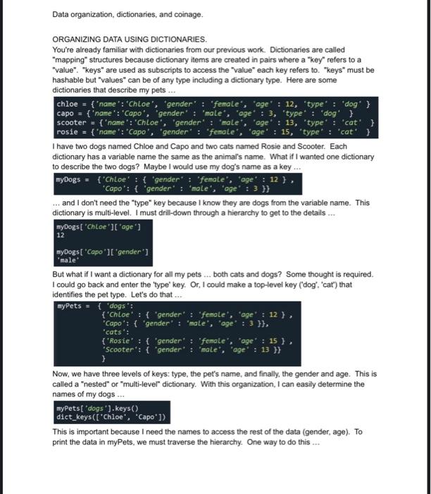 Solved Data organization, dictionaries, and coinage. | Chegg.com