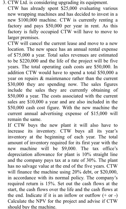 Solved 3. CTW Ltd. is considering upgrading its equipment. | Chegg.com
