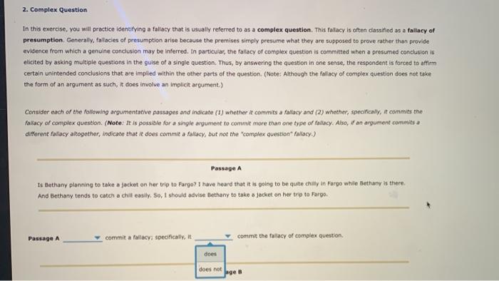 Complex Questions Fallacy Answer each blank with Does | Chegg.com