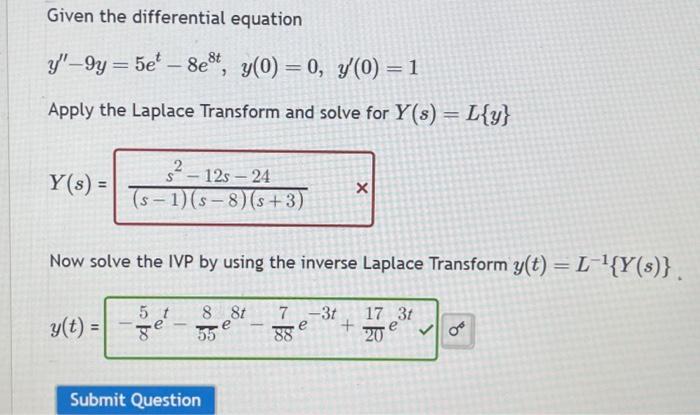 Solved Given the differential equation y"'-9y=5e^t-8e^8t, | Chegg.com