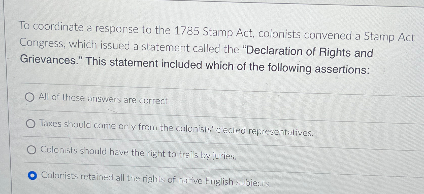 Solved To coordinate a response to the 1785 ﻿Stamp Act, | Chegg.com