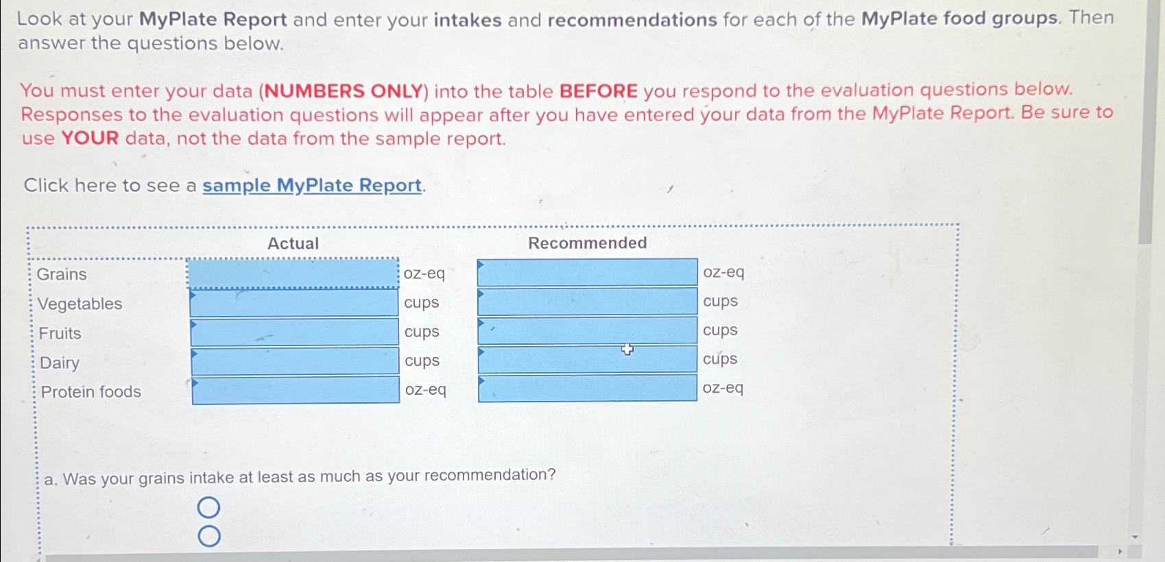 Solved Look at your MyPlate Report and enter your intakes | Chegg.com