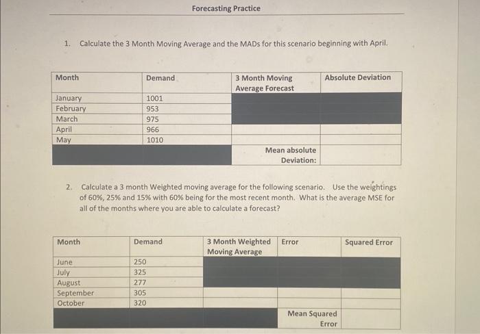Solved 1. Calculate the 3 Month Moving Average and the MADs | Chegg.com