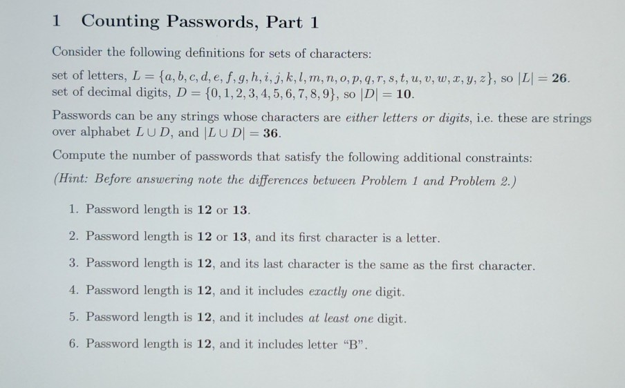 Solved 1 Counting Passwords, Part 1 Consider the following | Chegg.com