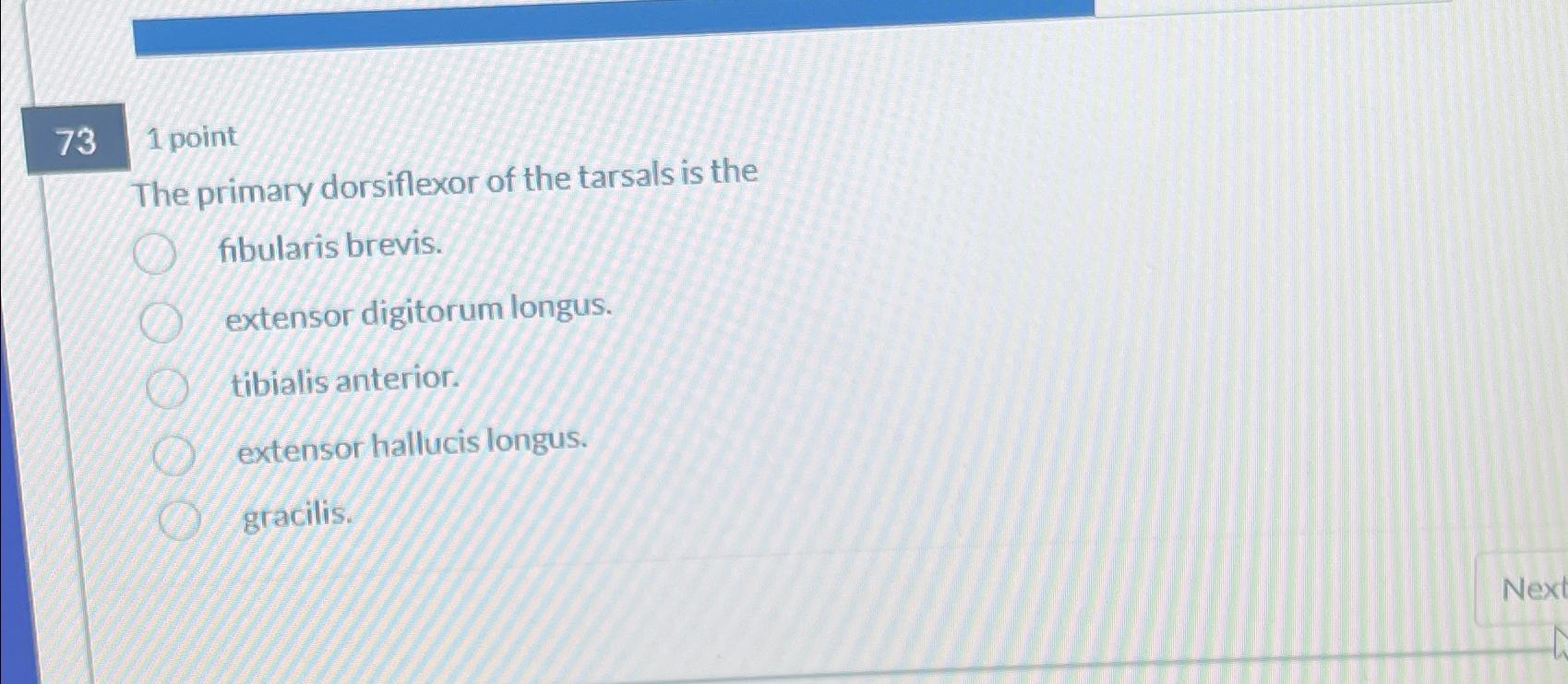 Solved 731 ﻿pointThe primary dorsiflexor of the tarsals is | Chegg.com