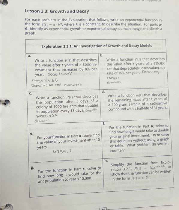 Solved Lesson 3.3: Growth and Decay For each problem in the | Chegg.com