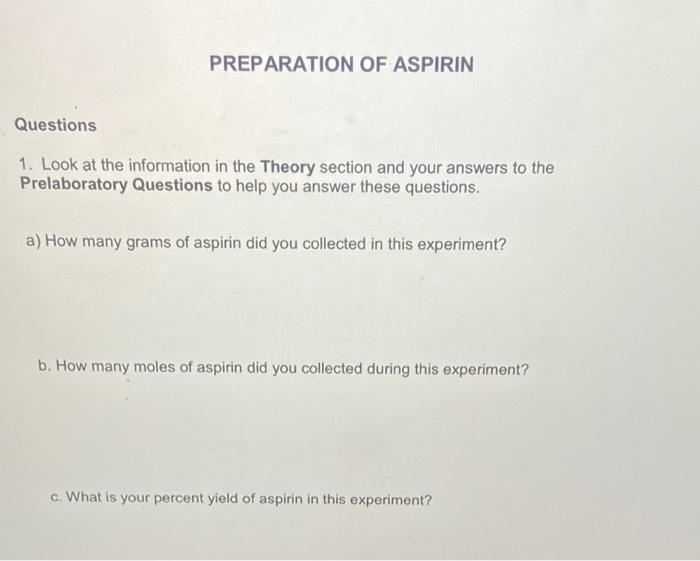 Solved PREPARATION OF ASPIRIN Data Sheet A. Preparation and | Chegg.com