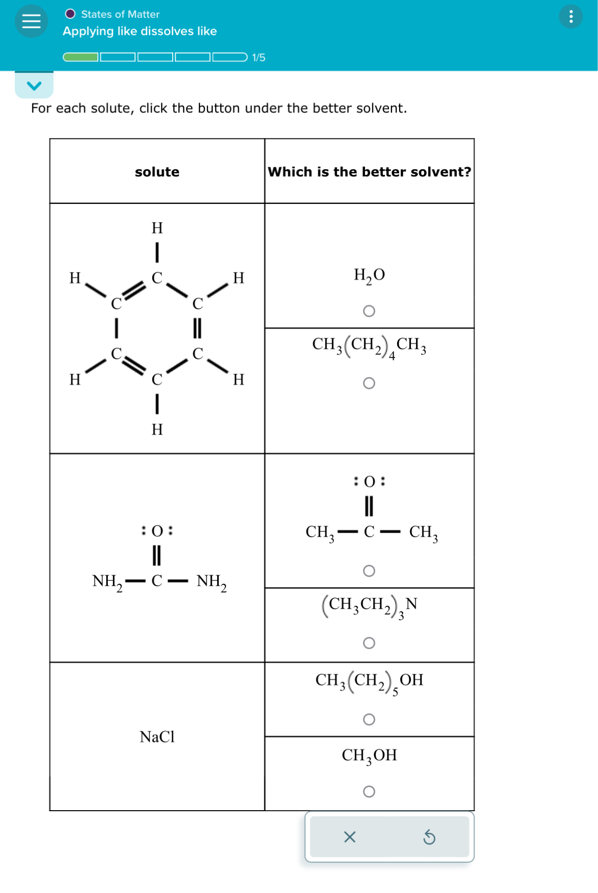 Solved For each solute, click the button under the better | Chegg.com