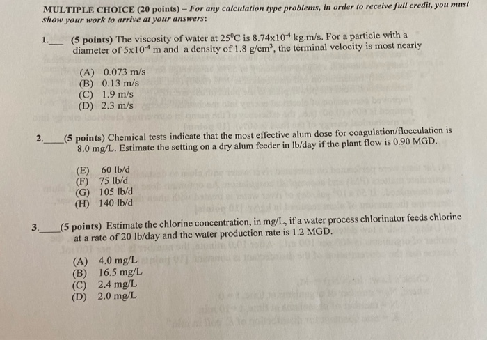 Solved MULTIPLE CHOICE (20 points)- For any calculation type | Chegg.com