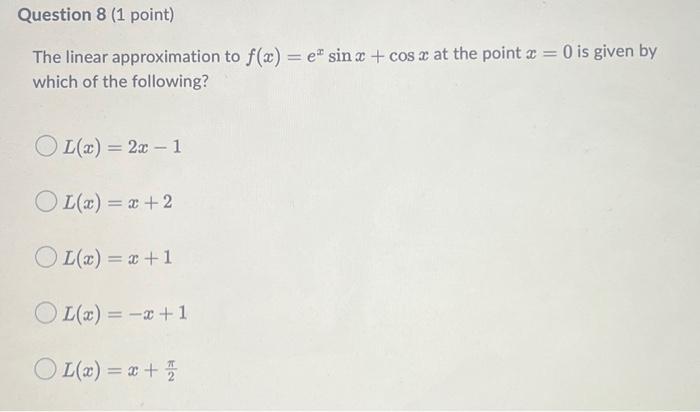 Solved The linear approximation to f(x)=exsinx+cosx at the | Chegg.com