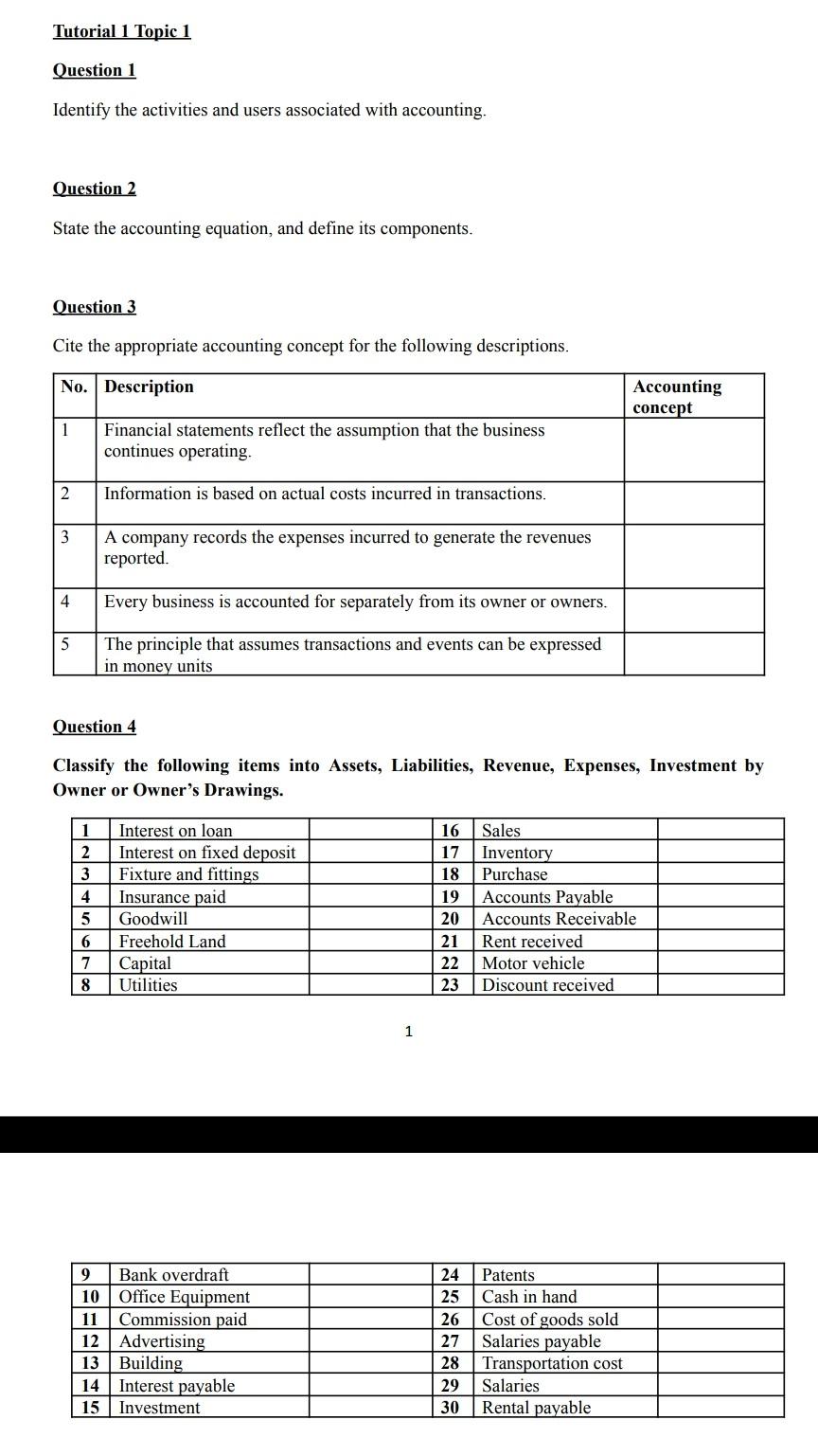 Solved Tutorial 1 Topic 1 Question 1 Identify the activities | Chegg.com