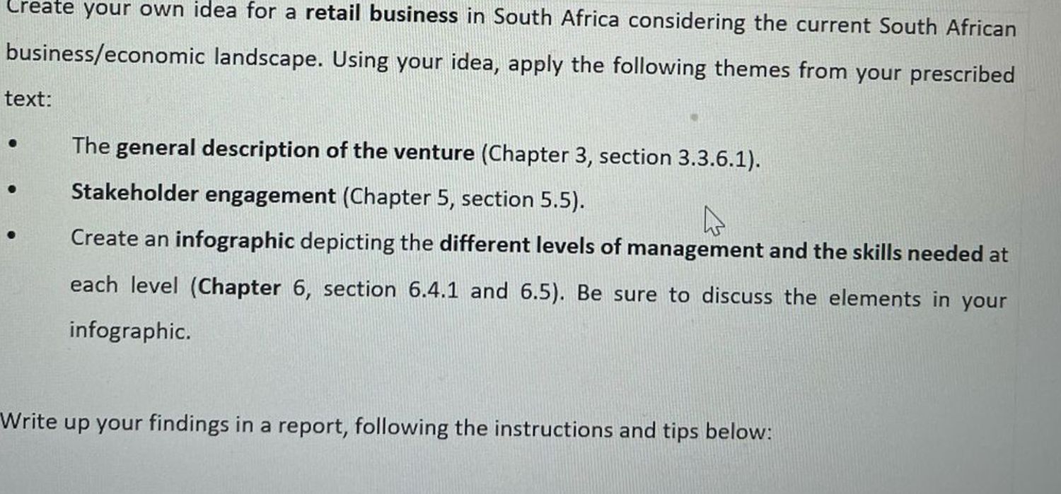 Solved Create your own idea for a retail business in South | Chegg.com