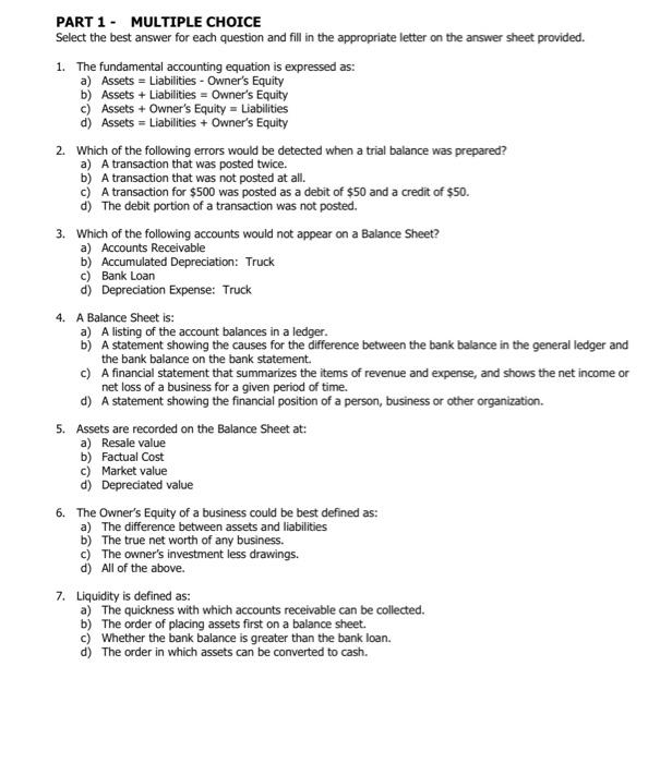 Solved PART 1- MULTIPLE CHOICE Select the best answer for | Chegg.com