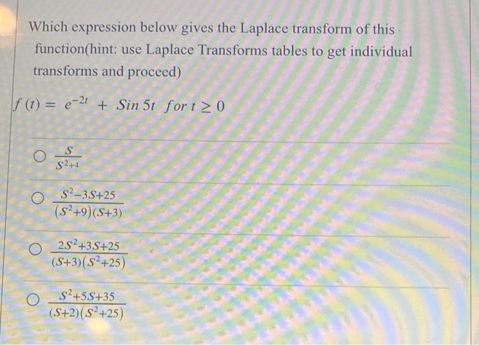 Solved Which expression below gives the Laplace transform of | Chegg.com