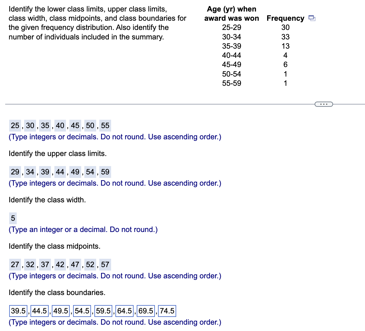 Solved Identify the lower class limits, ﻿upper class | Chegg.com