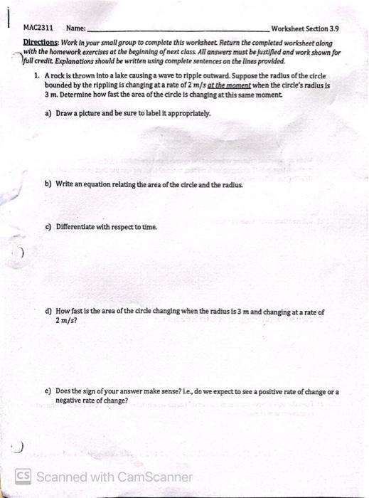 Solved MAC2311 Name: Worksheet Section 3.9 Directions: Work | Chegg.com