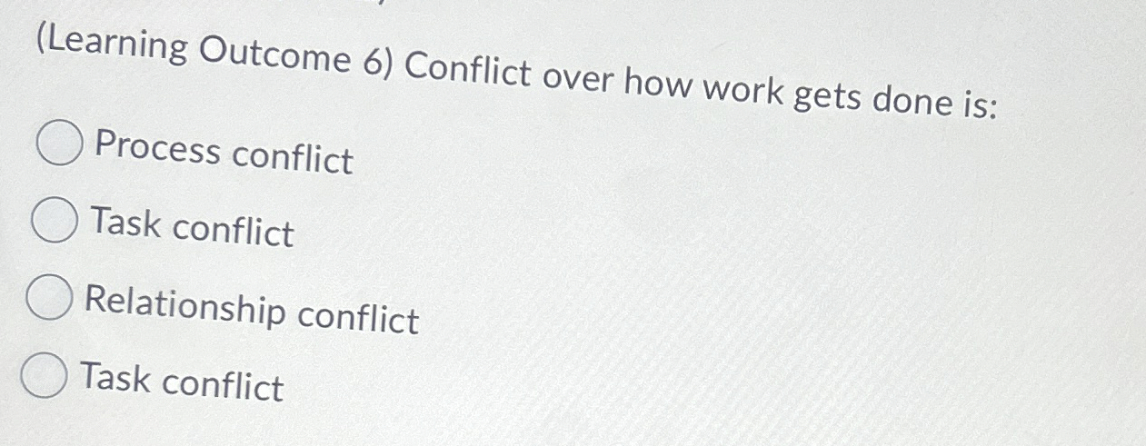Solved (Learning Outcome 6) ﻿Conflict over how work gets | Chegg.com