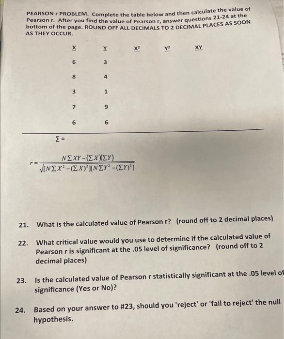 Solved PEARSON r PROBLEM. Complete the table below and then | Chegg.com