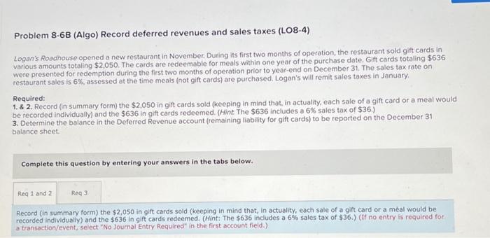Solved Problem 8-6B (Algo) Record deferred revenues and | Chegg.com