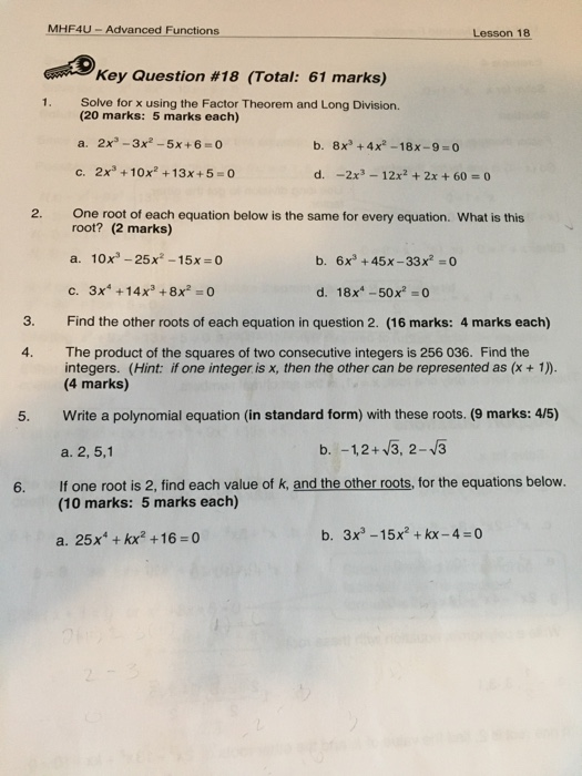 MHF4U - Advanced Functions Lesson 18 Key Question #18 | Chegg.com