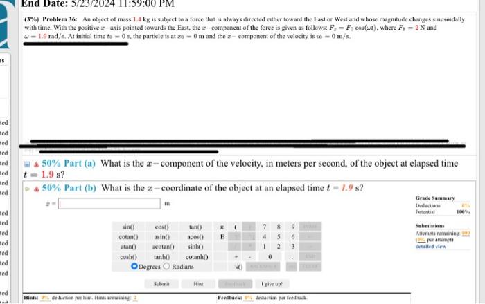 Solved (3\%) Problem 36: An object of mass 1.4 kg is subject | Chegg.com