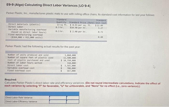 Solved E9-9 (Algo) Calculating Direct Labor Variances (LO | Chegg.com