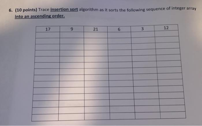 Solved 6 10 Points Trace Insertion Sort Algorithm As It 