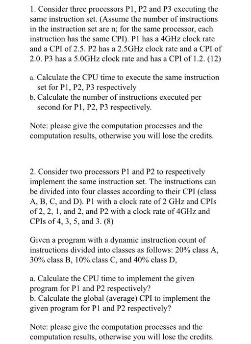 Solved 2. Consider two processors P1 and P2 to respectively | Chegg.com
