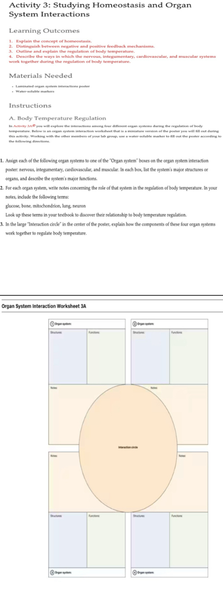 Solved Activity 3: Studying Homeostasis and Organ System | Chegg.com