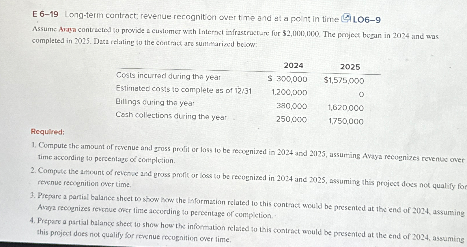 Solved E 6-19 ﻿Long-term contract; revenue recognition over | Chegg.com