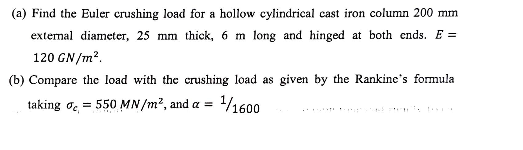 Solved (a) Find the Euler crushing load for a hollow | Chegg.com