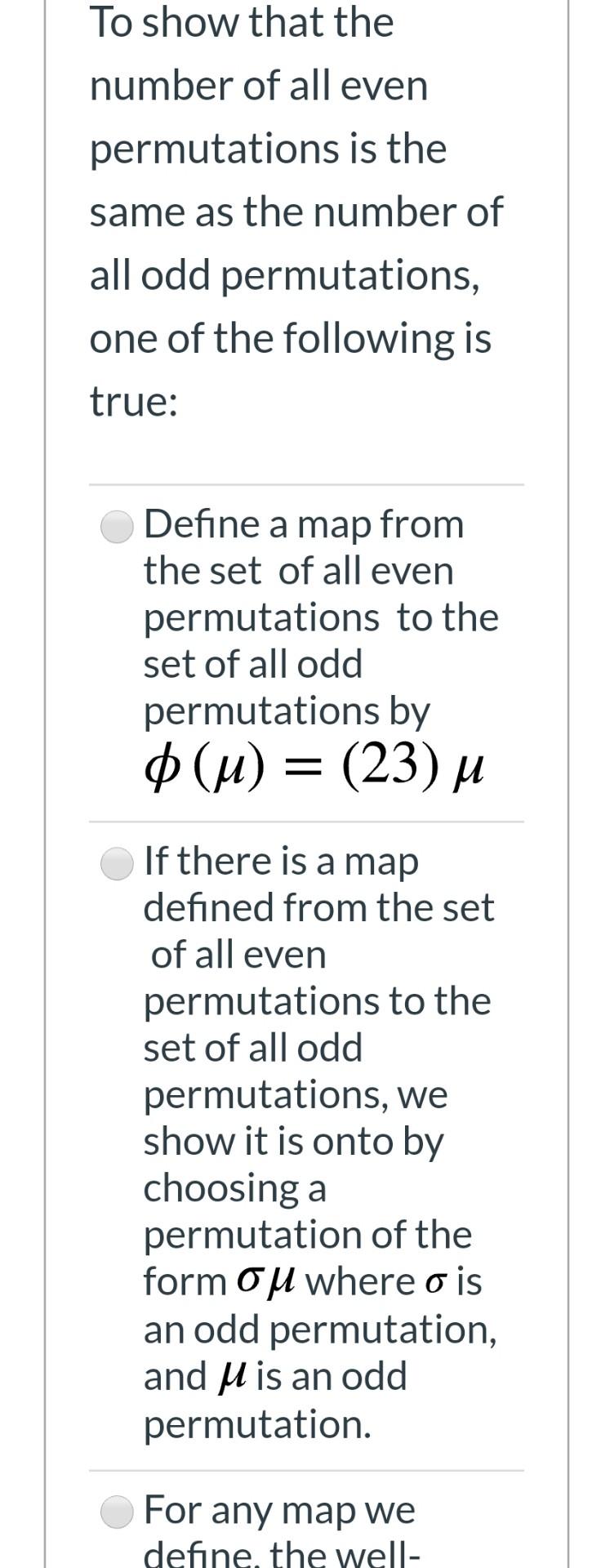 Solved To show that the number of all even permutations is | Chegg.com