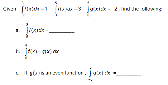 Solved Given ∫03f(x)dx=1,∫35f(x)dx=3,∫05g(x)dx=-2, ﻿find the | Chegg.com