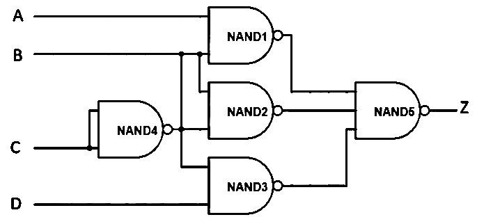 Solved A NAND1 B NAND2 NAND5 N Z NAND4 C NAND3 D Inputs | Chegg.com