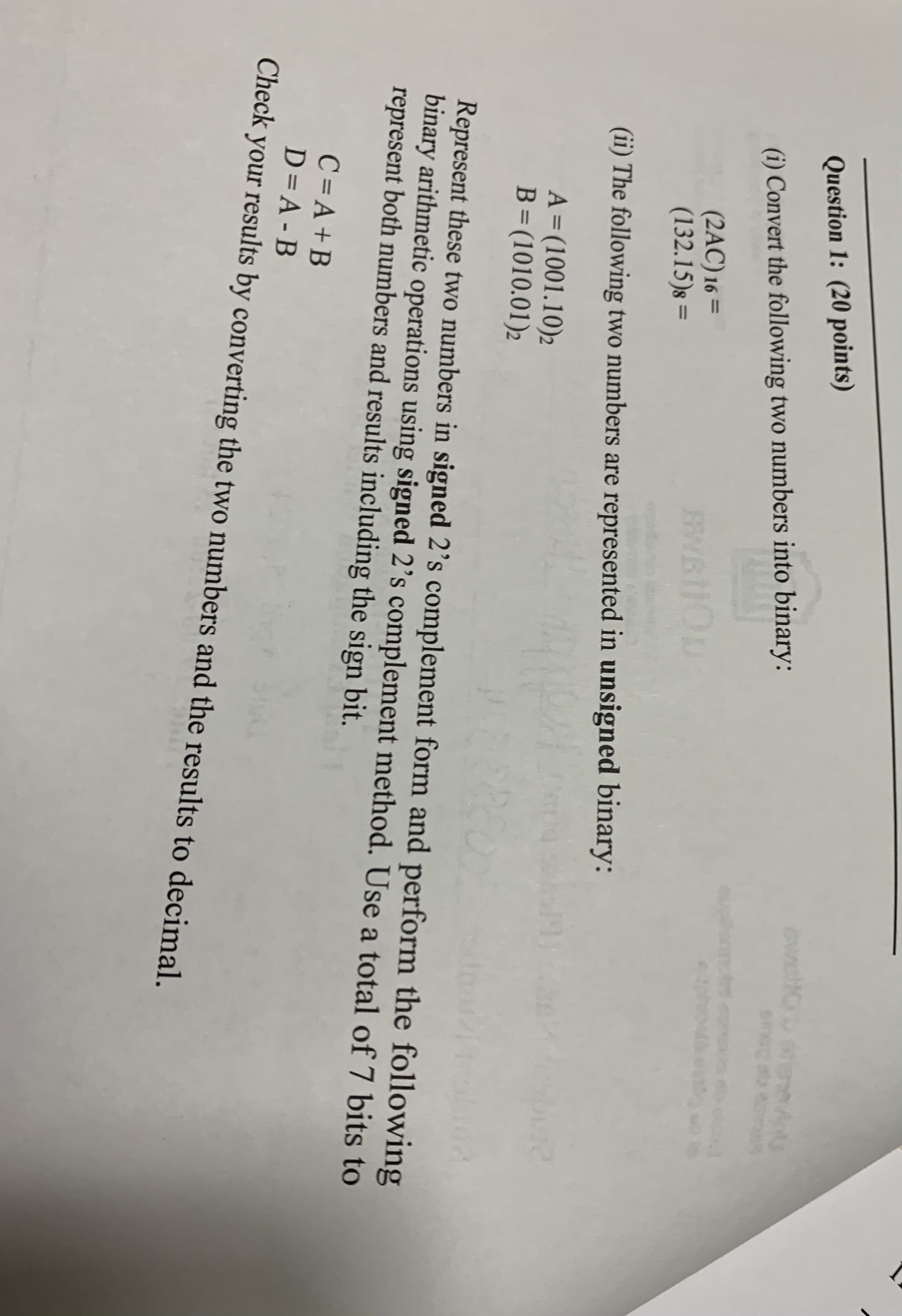 Solved Question 1: (20 ﻿points)(i) ﻿Convert the following | Chegg.com