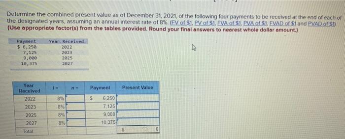 Solved Determine the combined present value as of December | Chegg.com