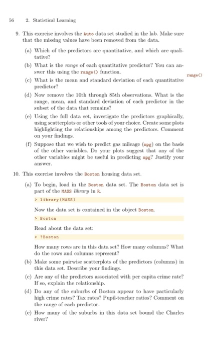Solved 2. Statistical Learning 56 9. This exercise involves | Chegg.com