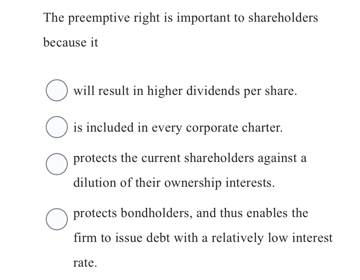 Solved The preemptive right is important to shareholders | Chegg.com