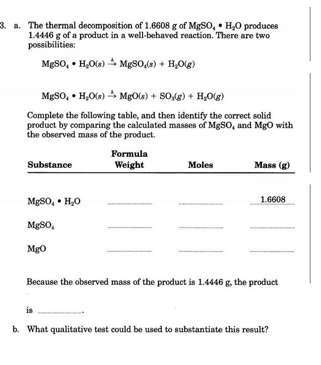 The thermal decomposition of 1.6608 g of MgSO4 H2O | Chegg.com