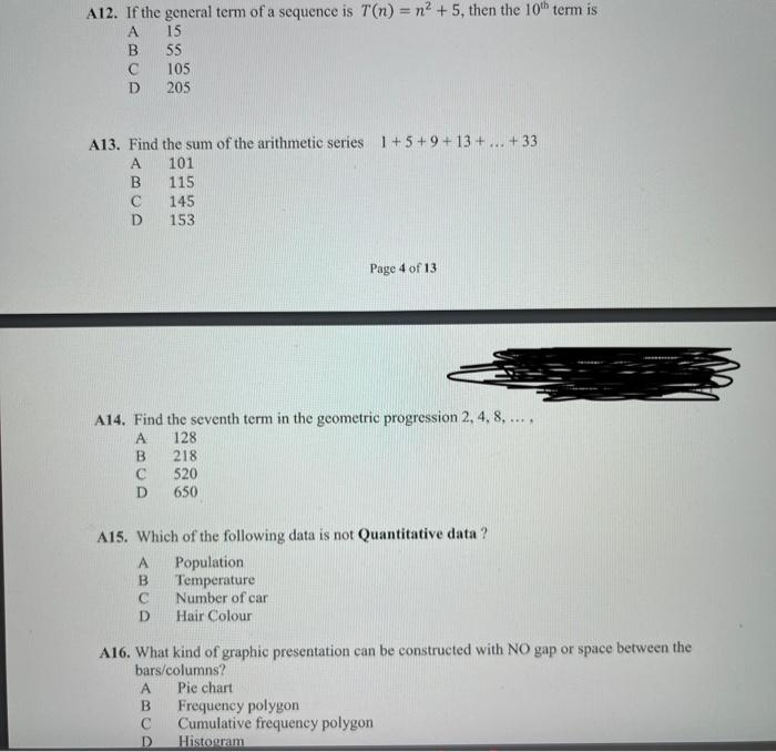 Solved A12. If the general term of a sequence is T(n)=n2+5, | Chegg.com