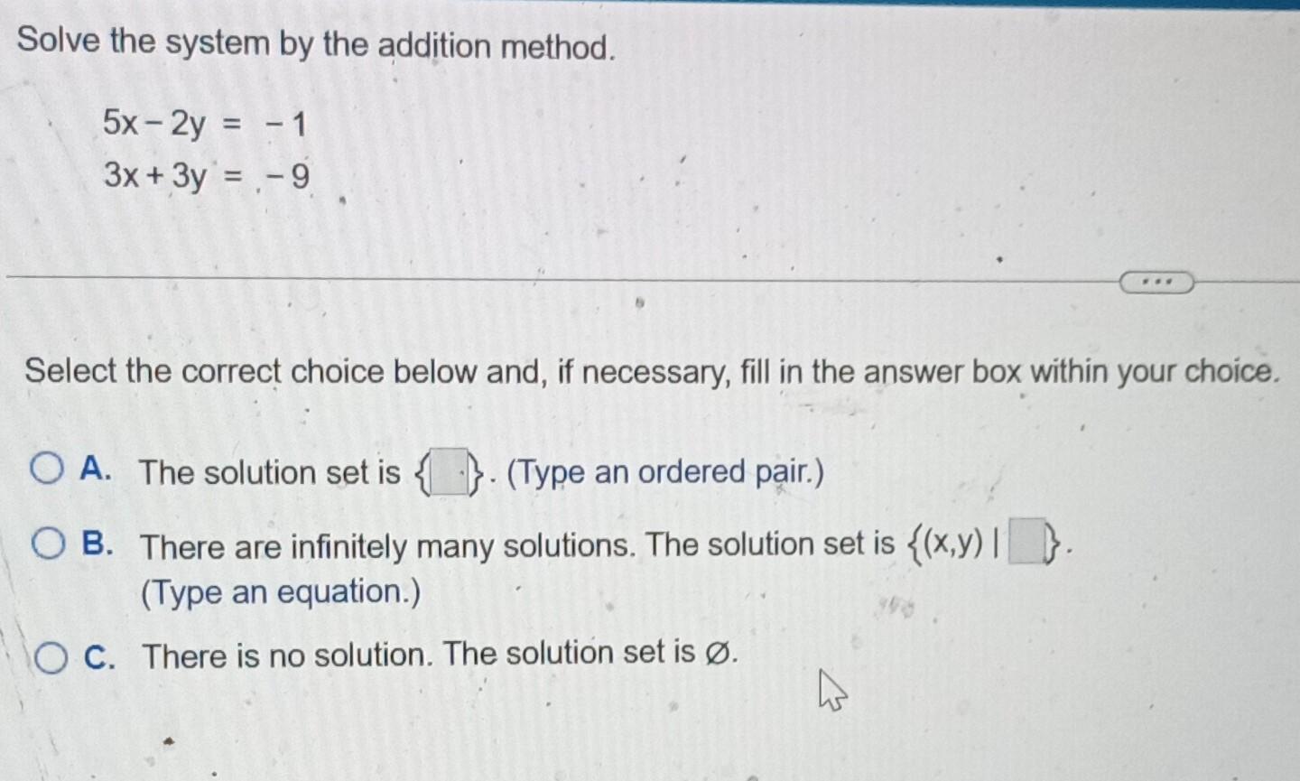 Solved Solve the system by the addition method. | Chegg.com
