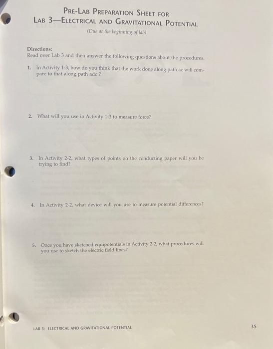Pre-LAB Preparation SheEt For LAB 3 -Electrical and | Chegg.com