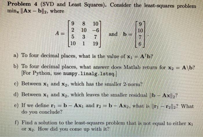 Solved Problem 4 (SVD and Least Squares). Consider the | Chegg.com
