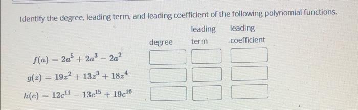 Solved Identify the degree, leading term, and leading | Chegg.com