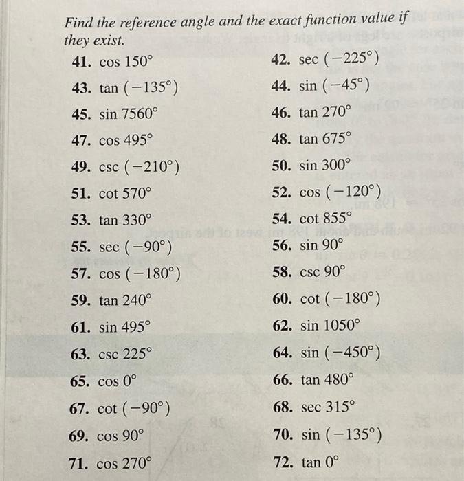 Solved Find the reference angle and the exact function value | Chegg.com